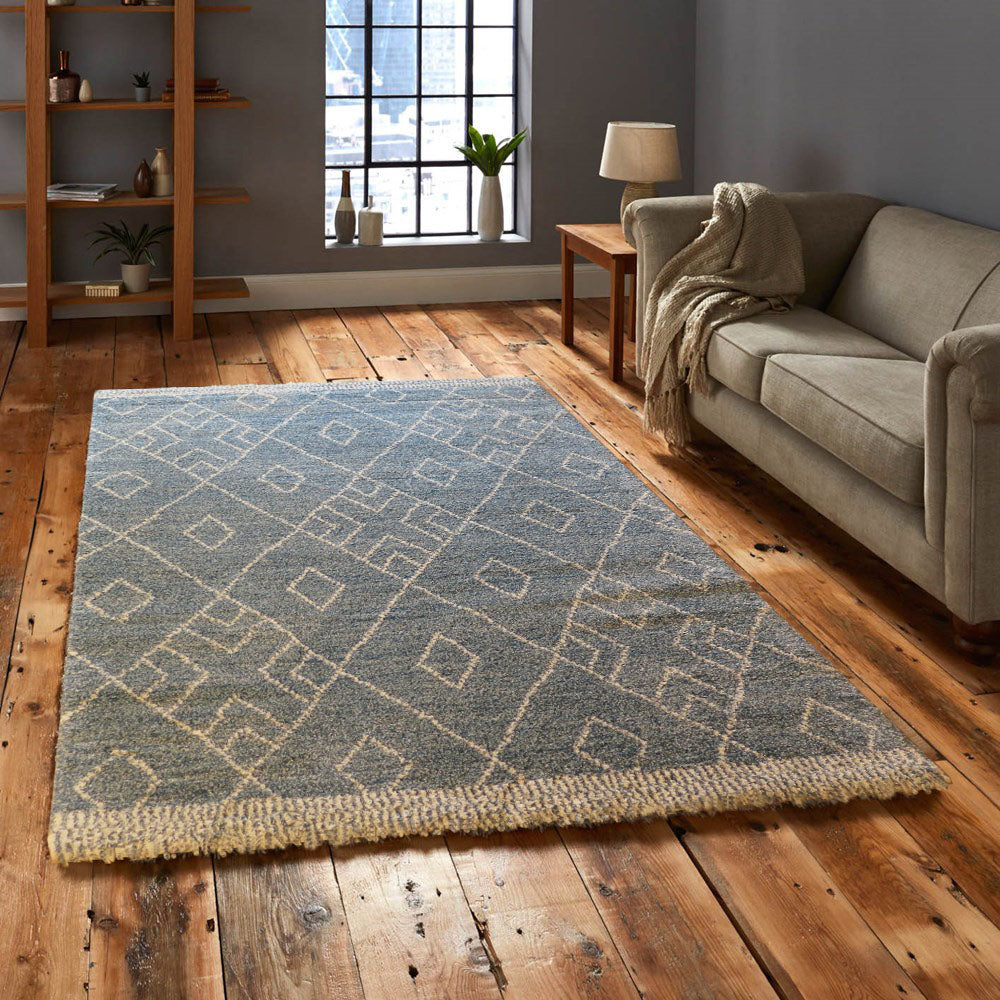 MARJAN-Diamond/Rhombus Pattern Geometric Thick Soft Shaggy Rug (Blue)