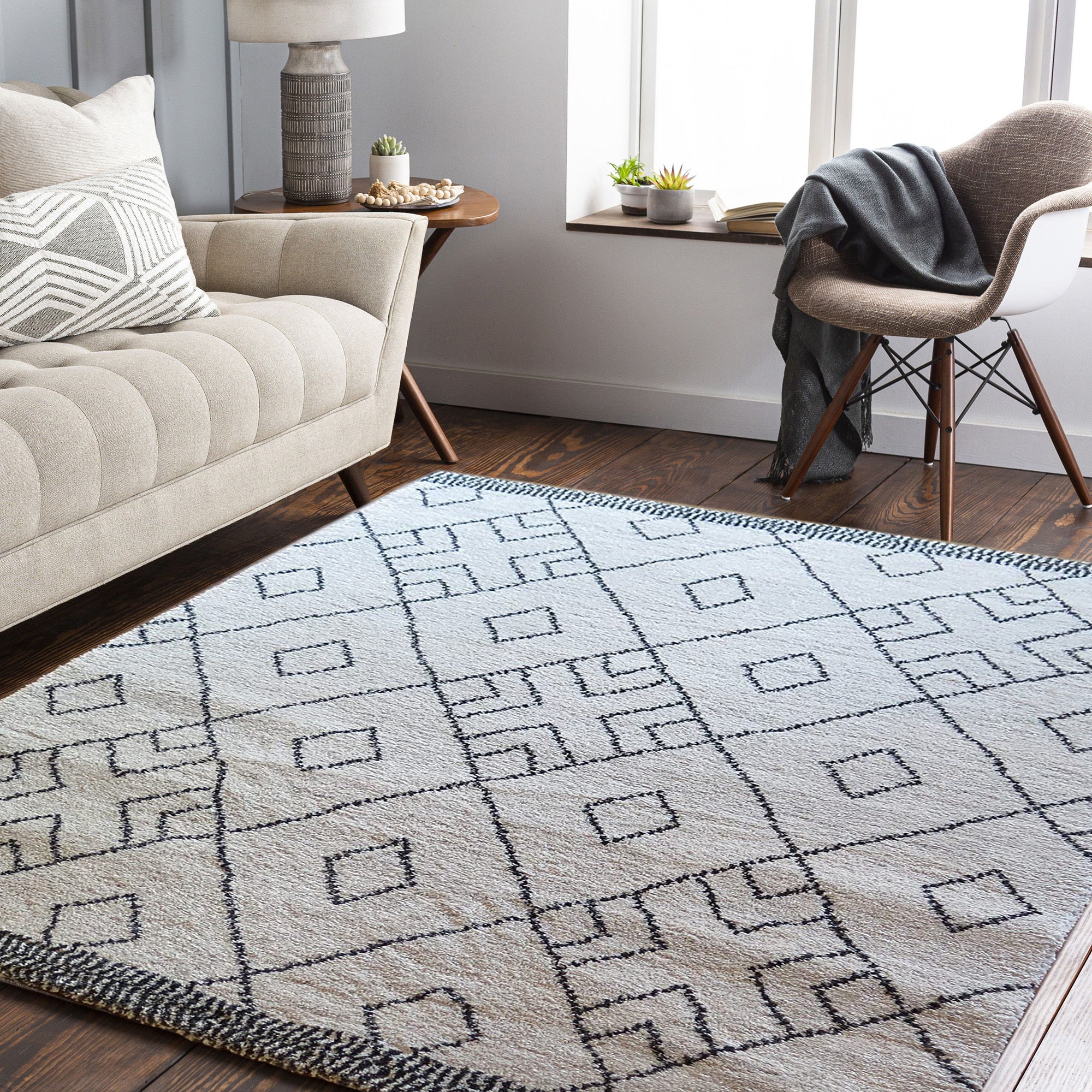 MARJAN-Diamond/Rhombus Pattern Geometric Shaggy Rug (Cream/Grey)
