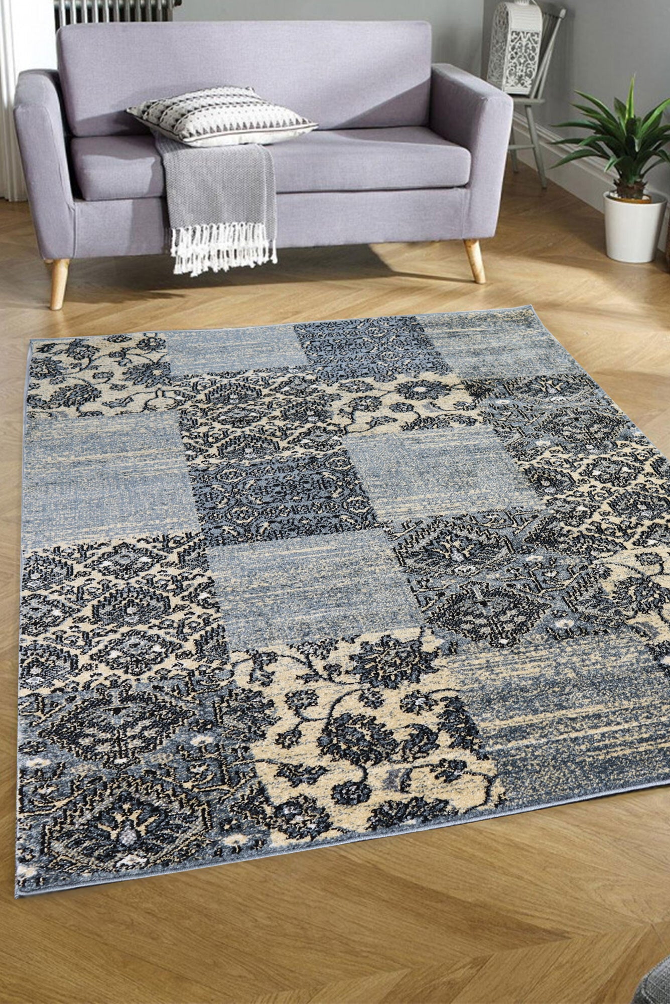 Fez Vintage Persian Style Area Rug-Blue with Black & Beige (120x170cm)