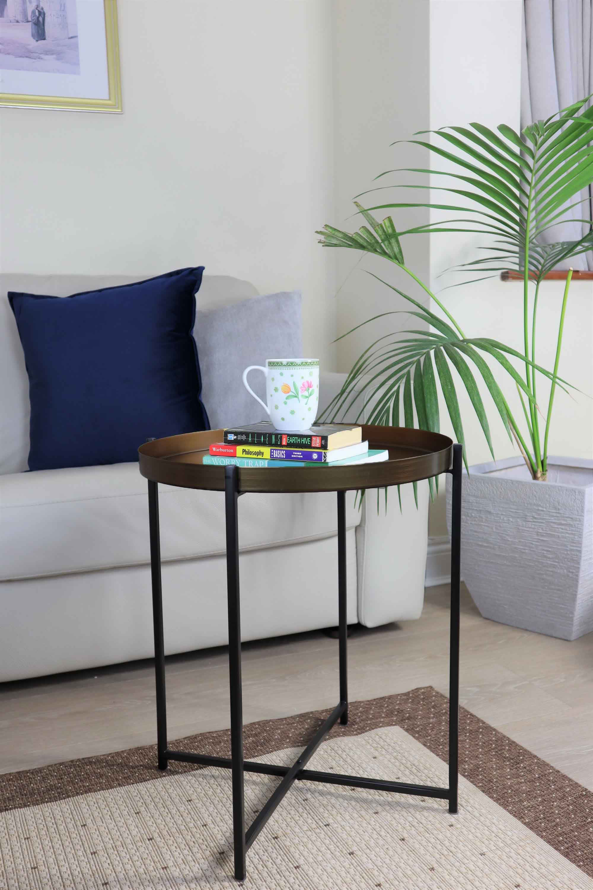 Cassia Round Metal Foldable Tray Side Table,Antique Brass