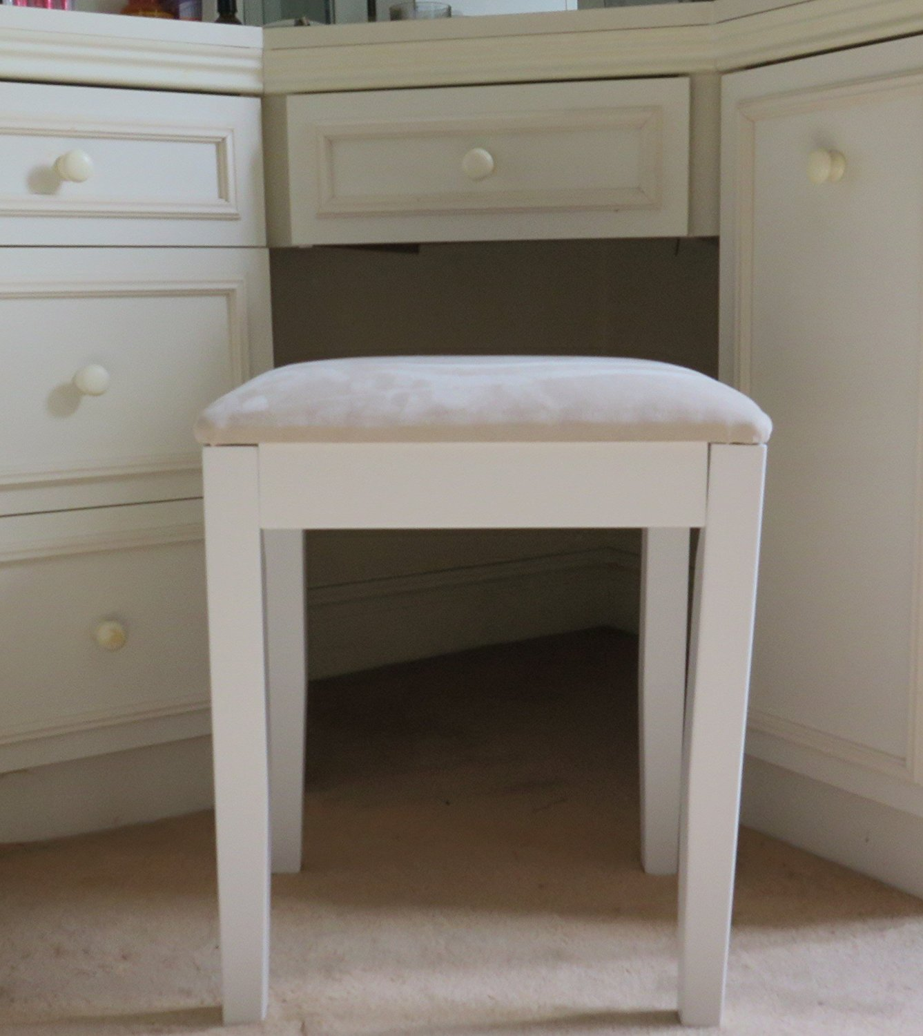 Dressing Table Stool With Padded Seat-White Wood, Cream Seat