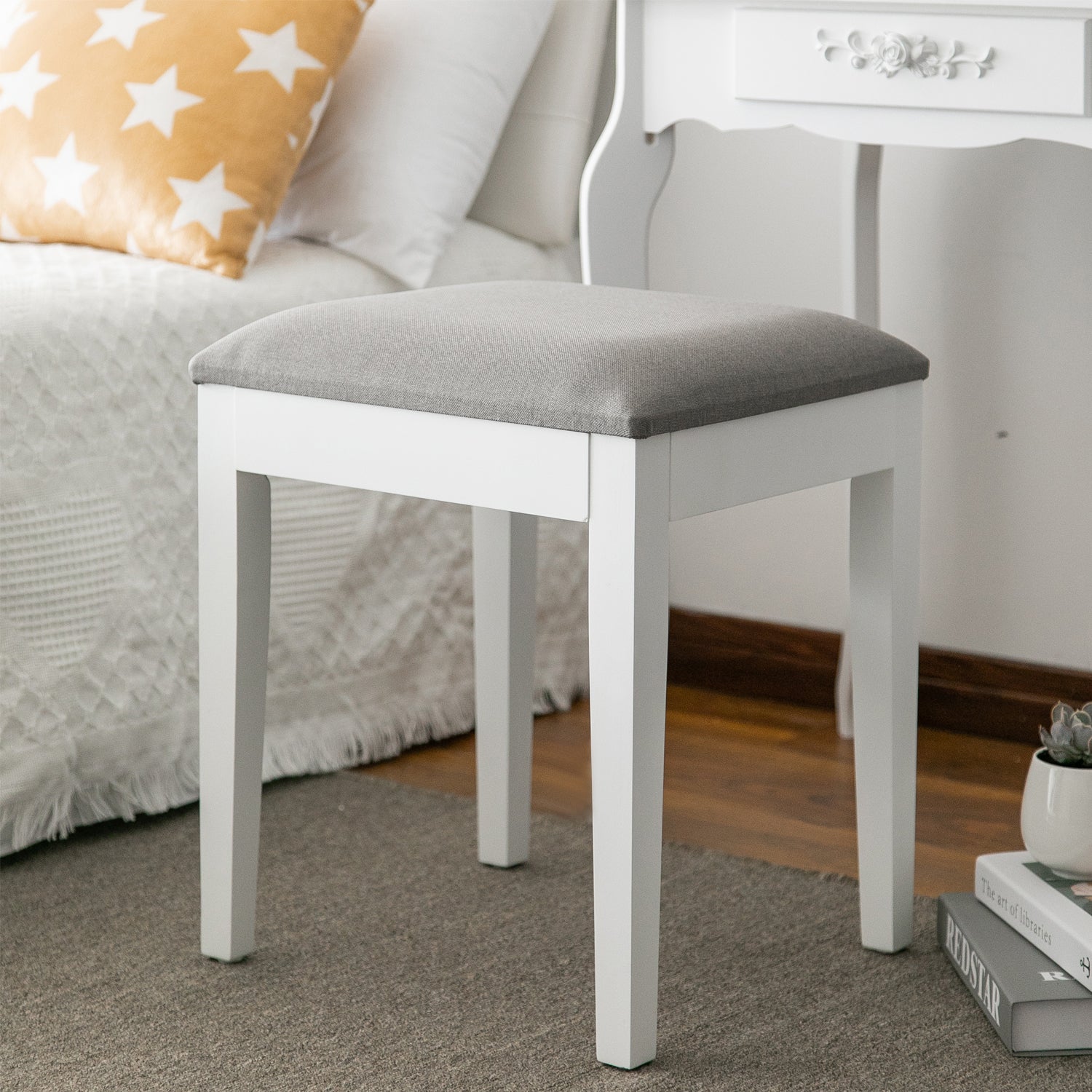 Dressing Table Stool With Padded Seat, Wood In White Finish, Grey Cush