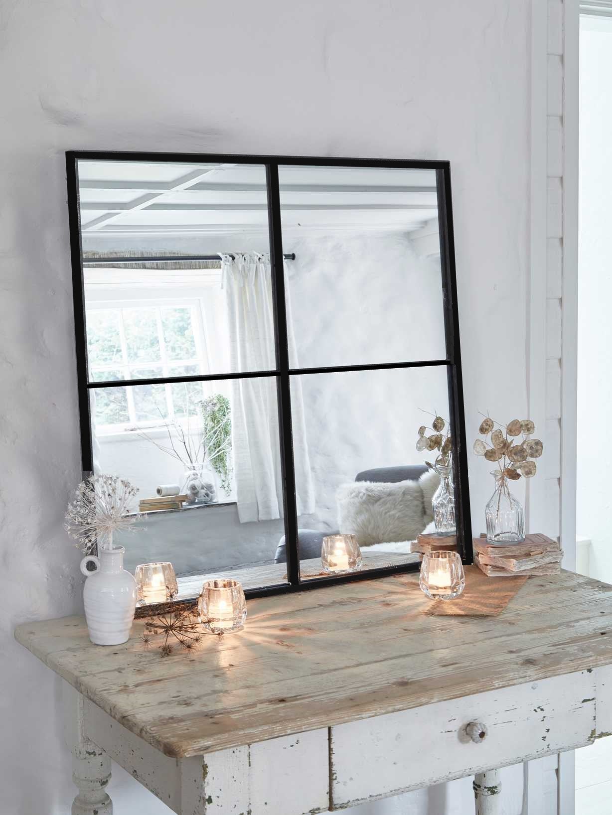 Square Window Wall Mirror, Metal Window Pane Mirror, Black, 60 x 2 x 6