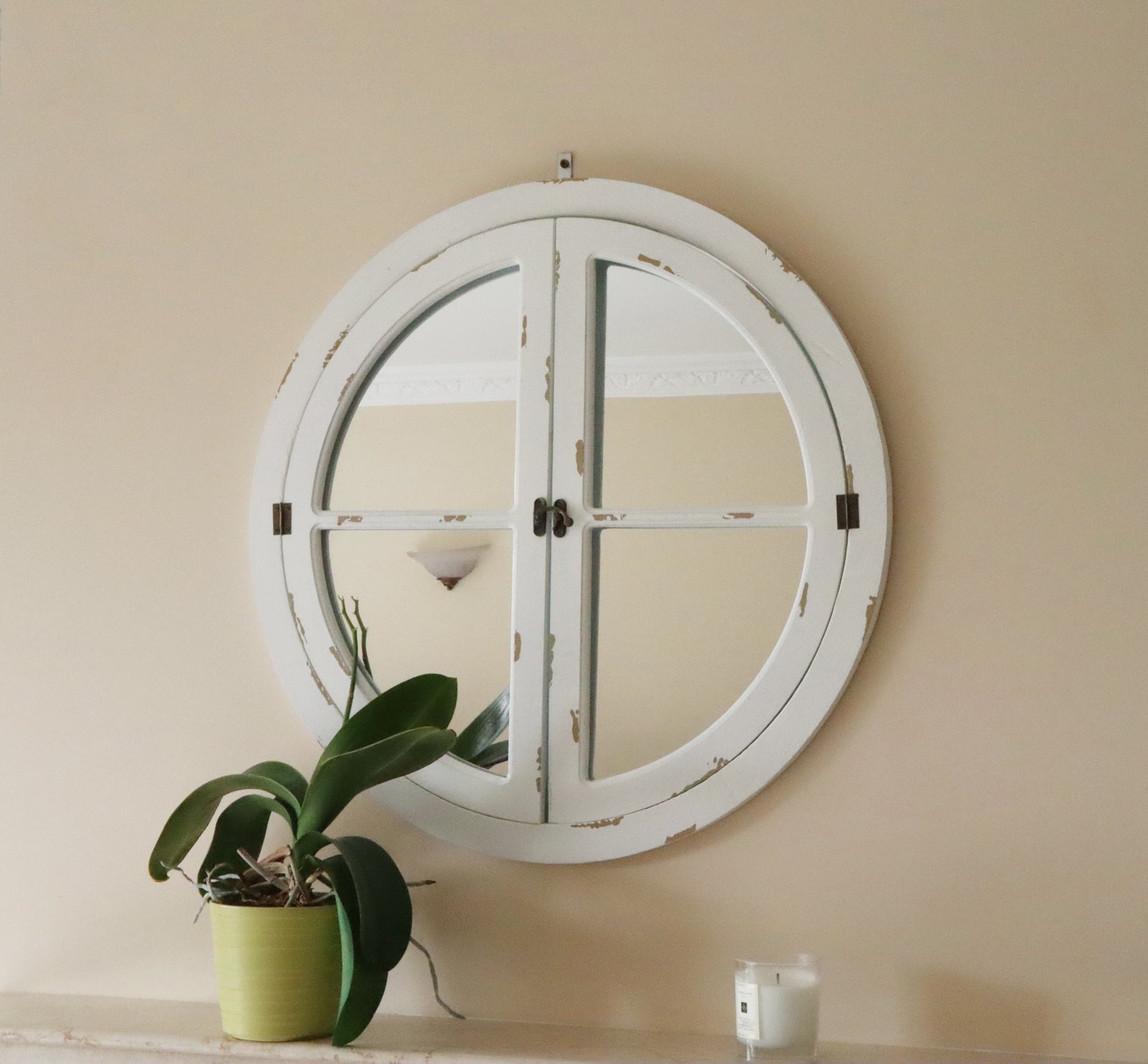Round Window Mirror/Garden Mirror /Decorative Mirror-Distressed White