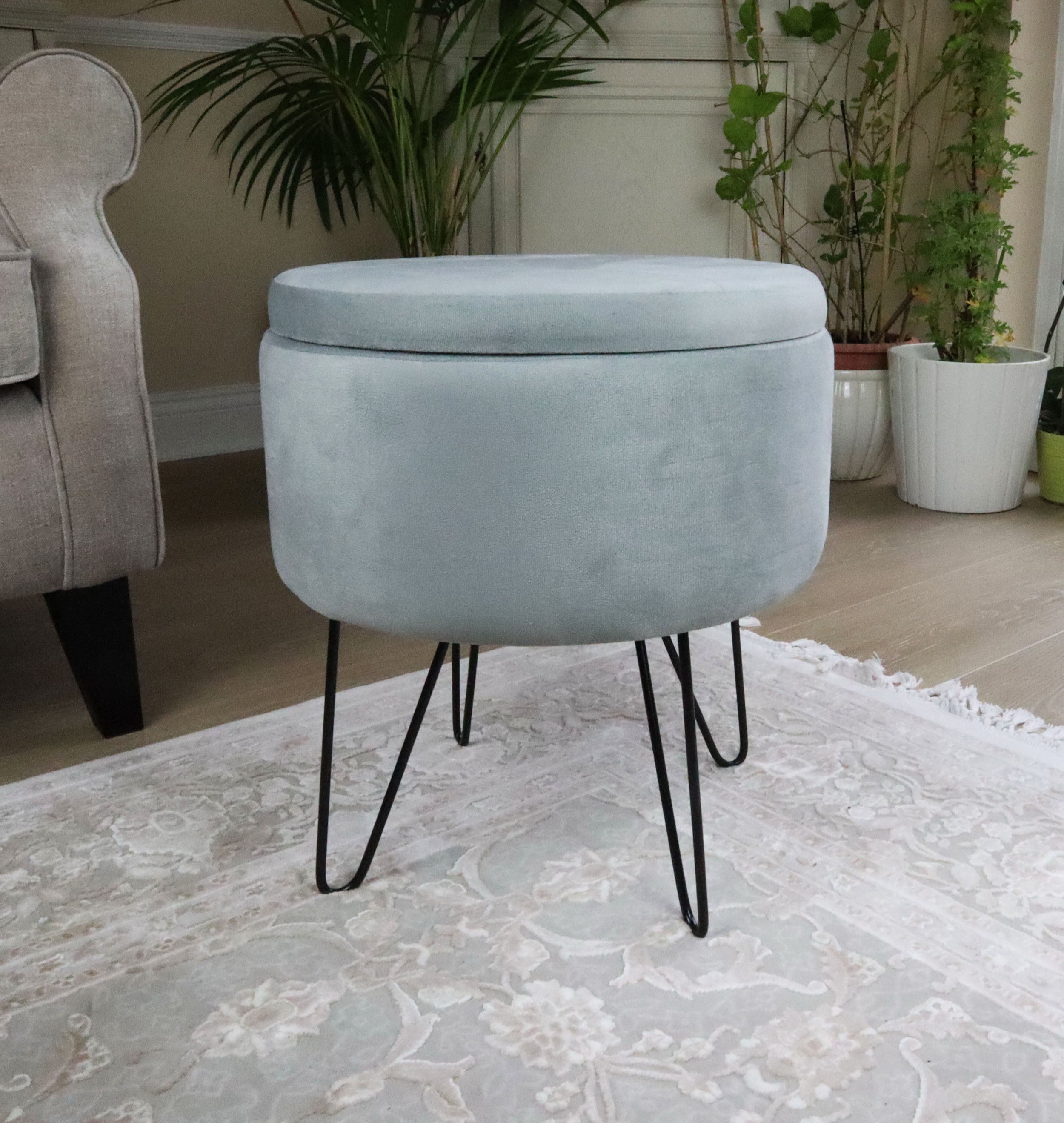 Elenore Grey and Black Storage Stool with Hairpin Legs
