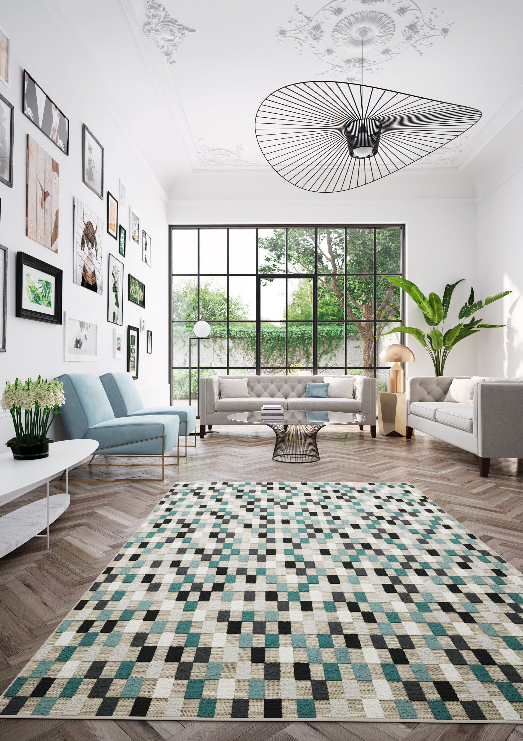 TURQUOISE MOSAIC Geometric Check Pattern Area Rug-Multi-colour (Teal)